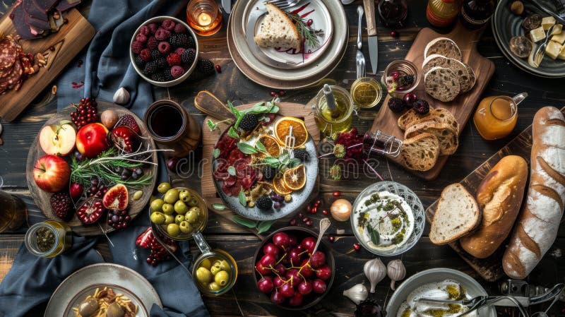 Rustic Breakfast Spread with Assorted Fruits and Bread Stock Photo ...