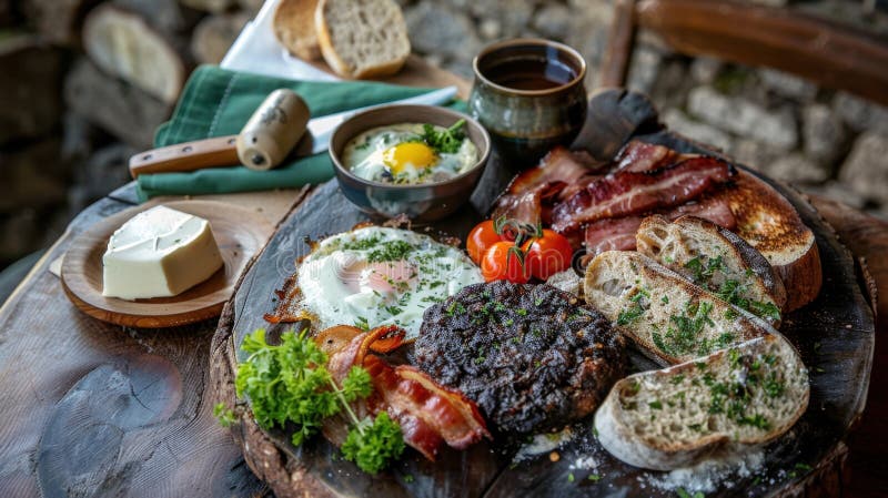 Rustic Breakfast Spread with Bacon, Eggs, and Artisan Bread in ...