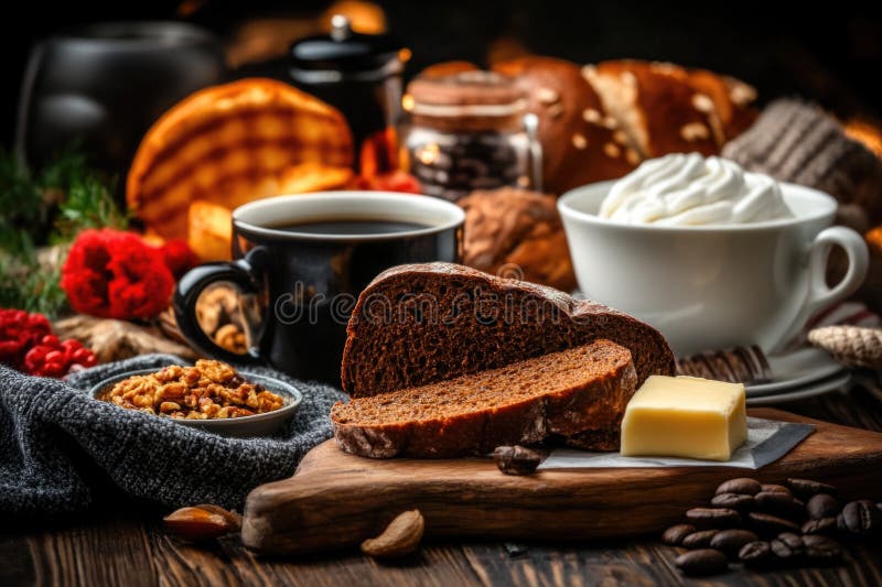 Rustic Breakfast Spread with Coffee, Bread, Butter, and Pastries Stock ...