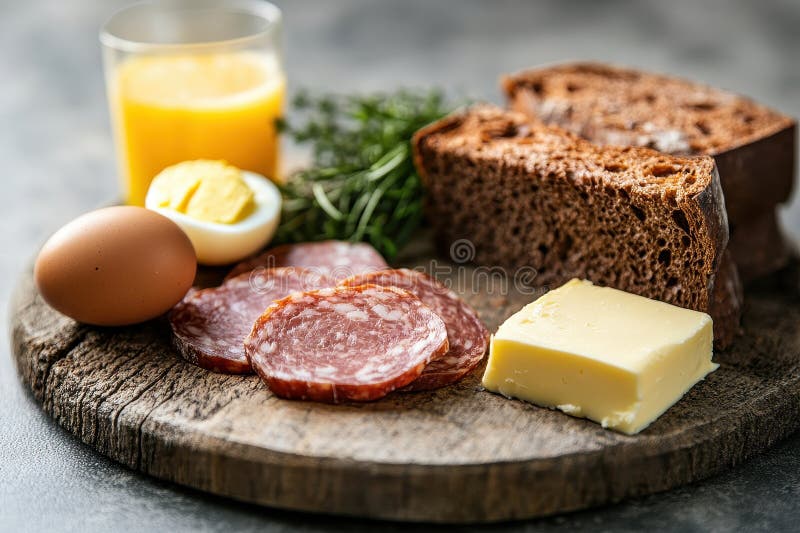 A Rustic Breakfast Spread Featuring Bread, Cheese, Salami, Egg, and ...