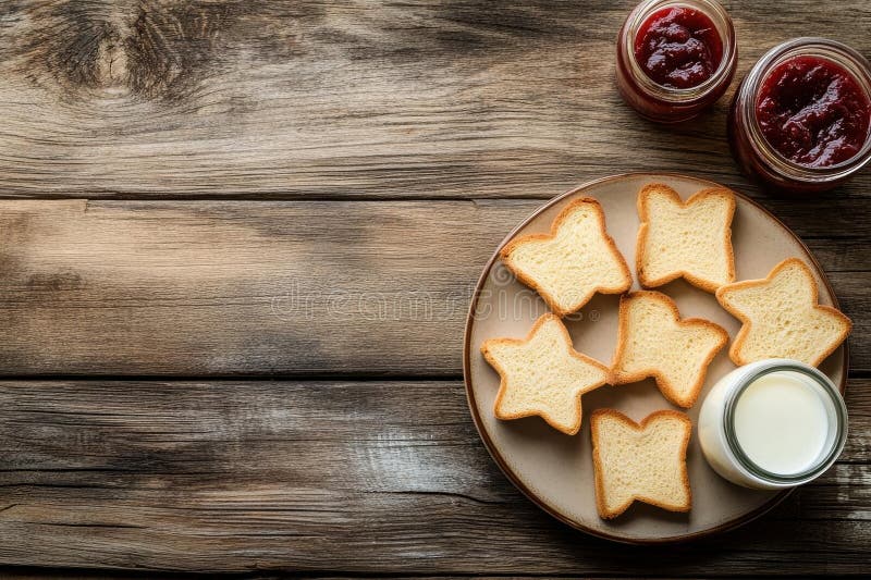 Rustic Breakfast, Star-Shaped Toast with Milk and Jam Stock Image ...