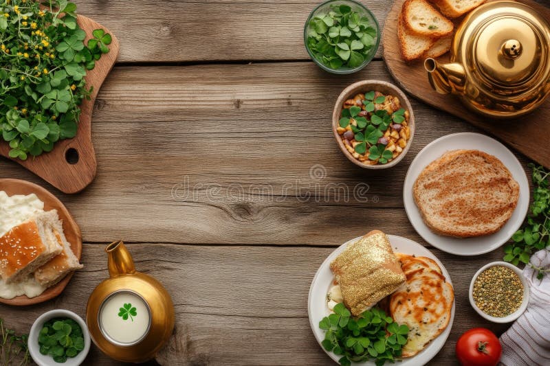 Rustic Breakfast Table with Clover Decor and Teapot on Wooden Surface ...