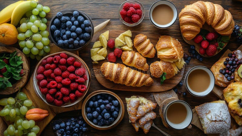 Rustic Breakfast Table with Pastries and Berries Stock Illustration ...