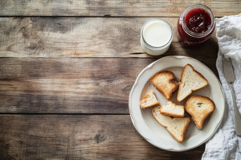 Rustic Breakfast with Toasted Bread, Milk, and Jam Stock Image - Image ...