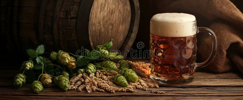 Rustic Brewery Craft Beer with Fresh Hops and Barley on Wooden Table ...
