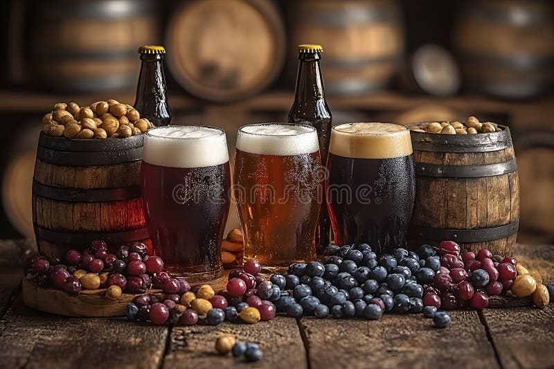 Rustic Brewery Scene with Craft Beer, Barrels, and Fresh Grapes ...