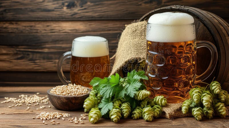 Rustic Brewery Still Life with Fresh Hops, Barley, and Draft Beer in ...