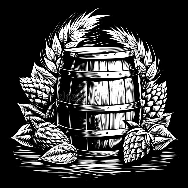 Rustic Brewing Barrel with Hops and Barley Artwork Stock Vector ...