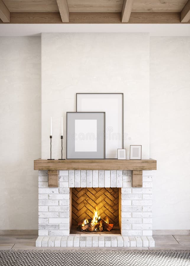 A Rustic Brick Fireplace in Light Colors with Firewood in the Firebox ...