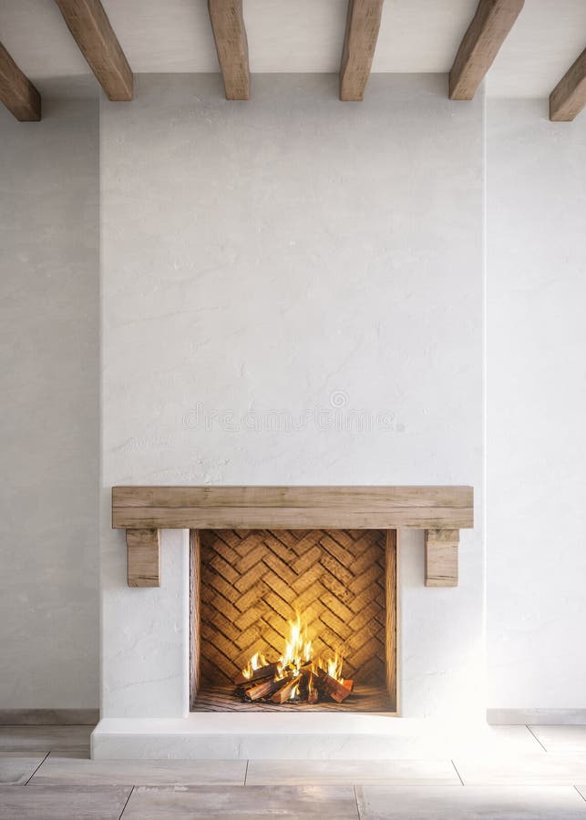 Rustic Brick Fireplace in Light Colors. 3D Rendering. Stock ...