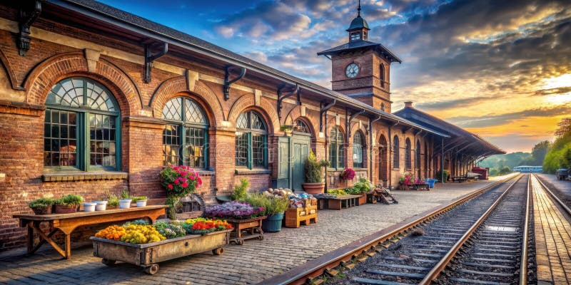 Rustic Brick Train Station with Vibrant Flower Market at Sunset ...