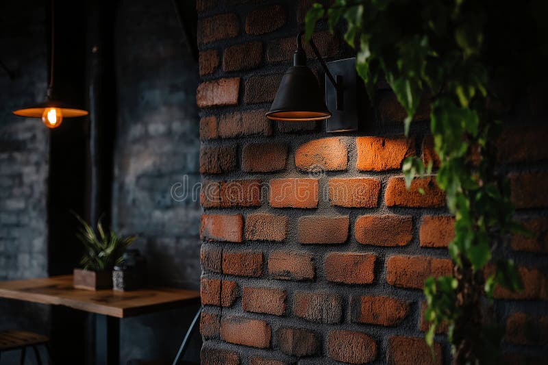 Rustic Brick Wall and Decorative Lighting in Dim, Indoor Setting. Stock ...