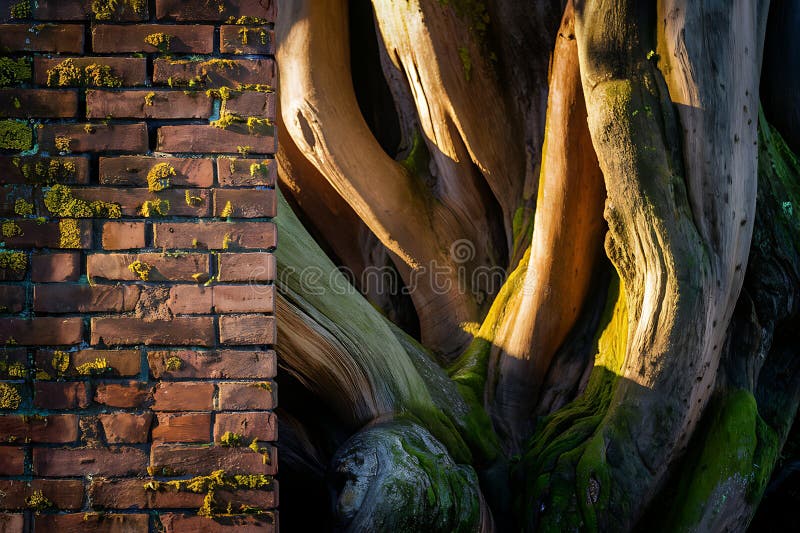 Rustic Brick Wall with an Entwined Tree Trunk Stock Illustration ...