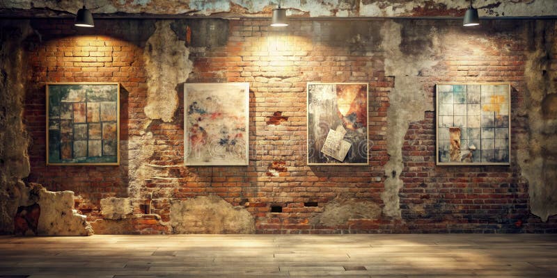 Rustic Brick Wall Gallery Interior with Four Abstract Paintings and Warm Lighting. Generative AI ...