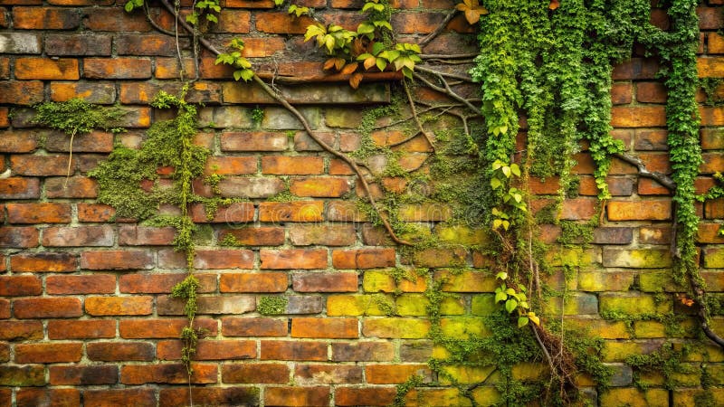 Rustic Brick Wall with Lush Green Vines and Mossy Texture. Generative ...