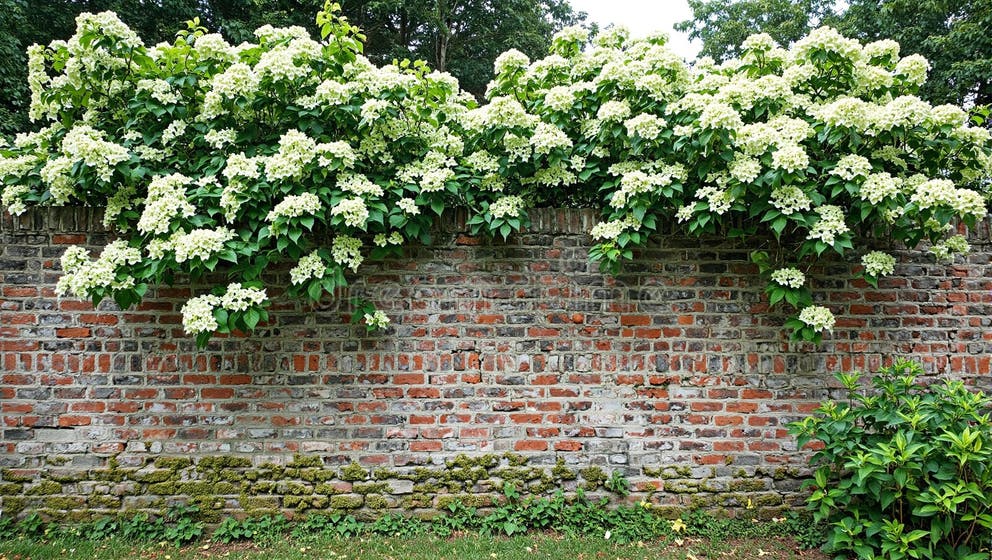 Rustic Brick Wall with Moss and Climbing Hydrangeas Stock Illustration ...