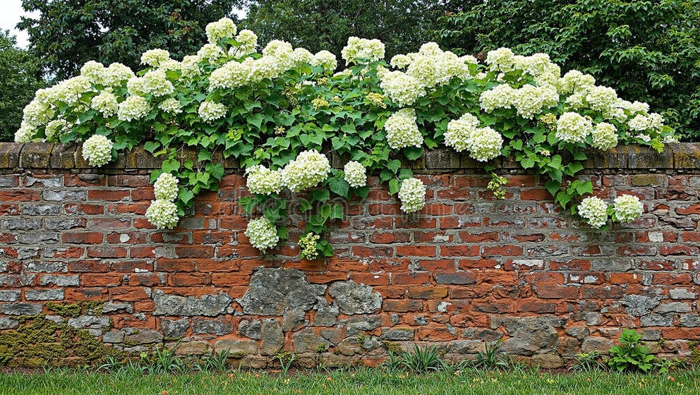 Rustic Brick Wall with Moss and Climbing Hydrangeas Stock Illustration ...