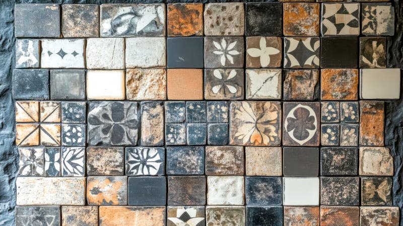 Rustic Brick Wall with Randomly Placed Geometric Ceramic Tiles Forming ...