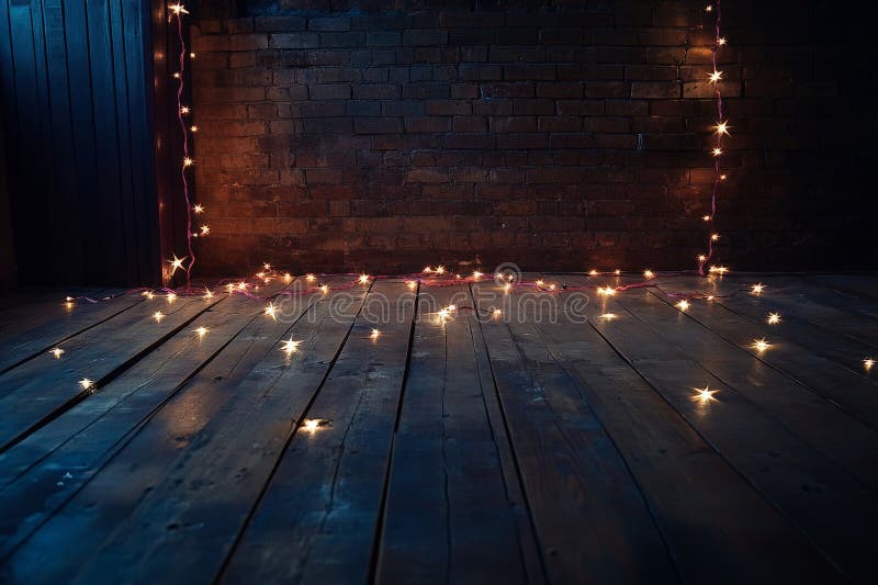 Rustic Brick Wall with String Lights on Wooden Floor Stock Illustration ...
