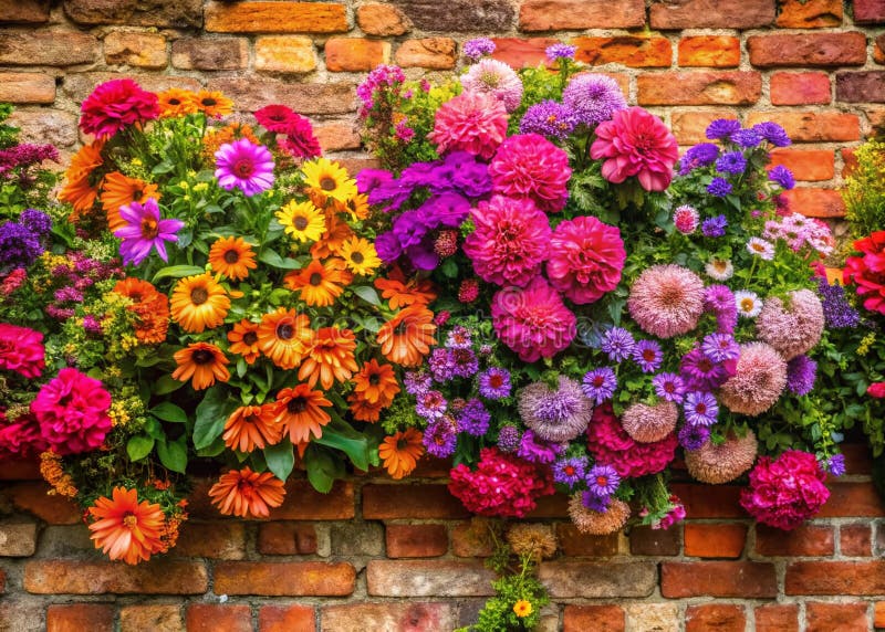 Rustic Brick Wall Transformed by a Cascade of Spring Flowers a Stunning ...