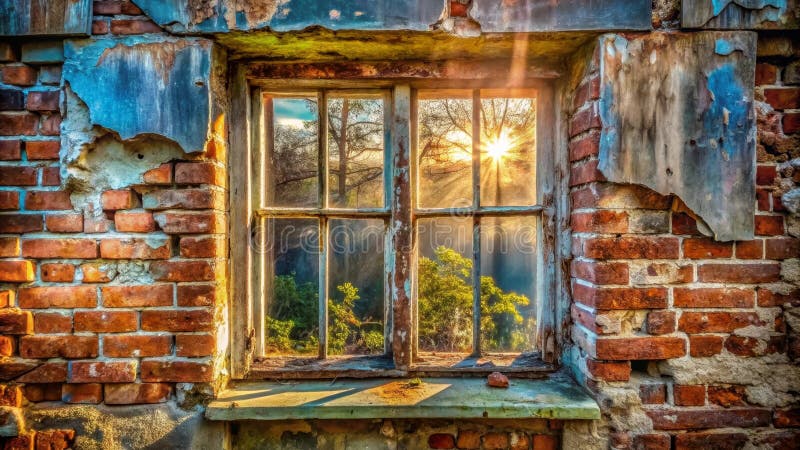 Rustic Brick Wall with a Weathered Window Frame Showcasing a Sunlit ...