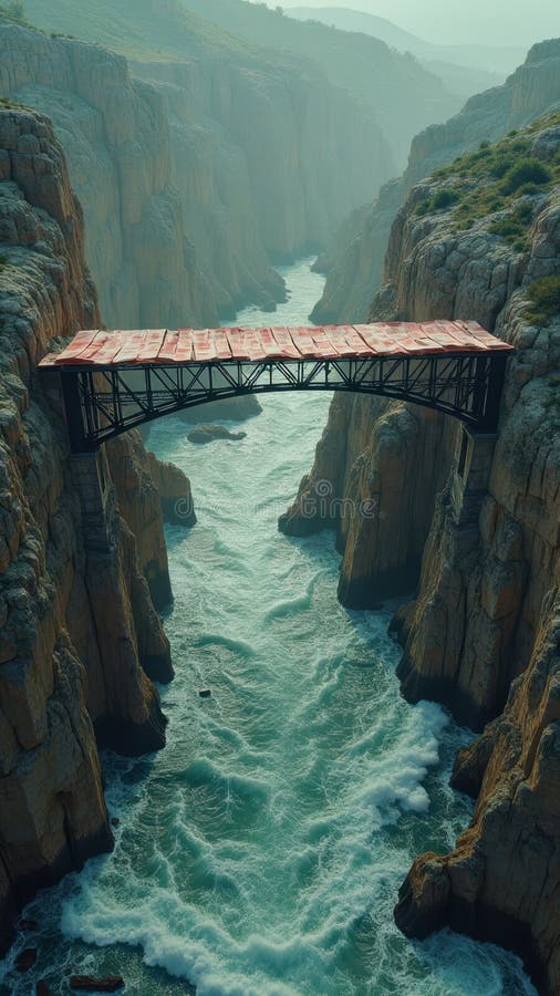 Rustic Bridge Over Canyon River Surrounded by Majestic Cliffs Stock ...