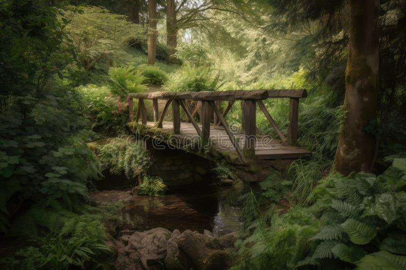 Rustic Bridge Over Tranquil Stream, Surrounded by Greenery Stock ...