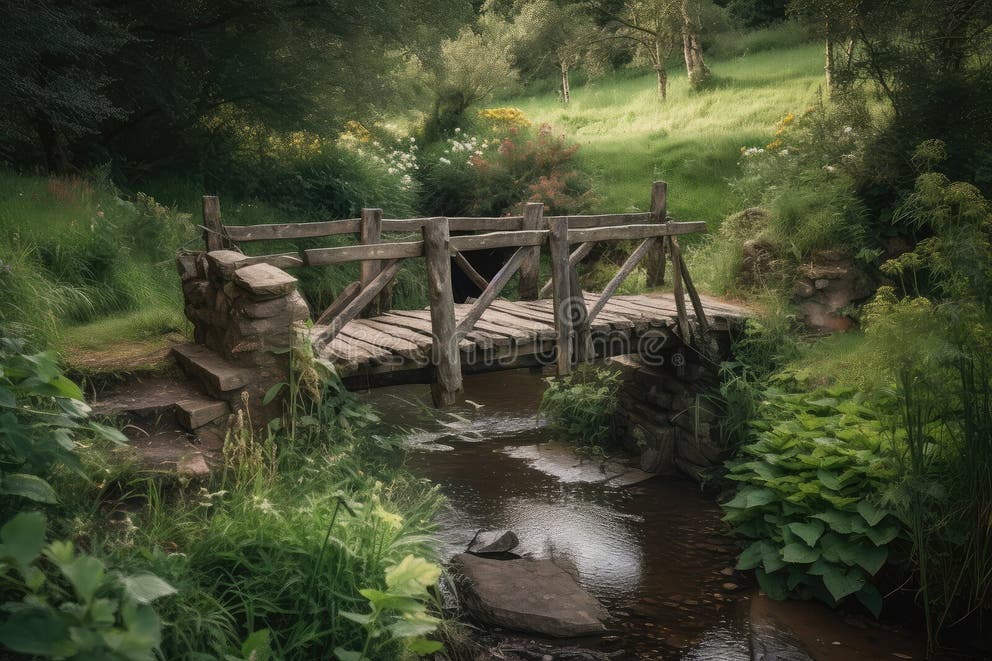 Rustic Bridge Over Tranquil Stream, Surrounded by Greenery Stock ...