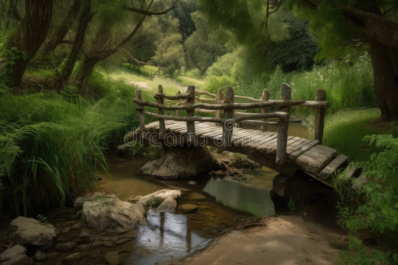 Rustic Bridge Over Tranquil Stream, Surrounded by Greenery Stock ...