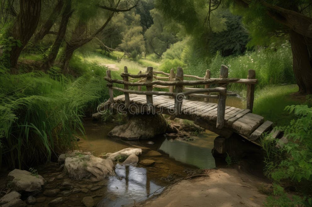 Rustic Bridge Over Tranquil Stream, Surrounded by Greenery Stock ...
