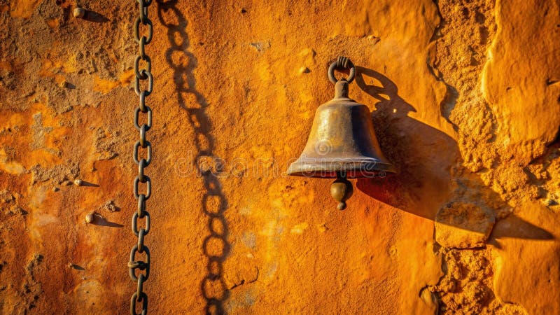 Rustic Bronze Bell Hanging on an Ochre Textured Wall with a Shadow Cast ...