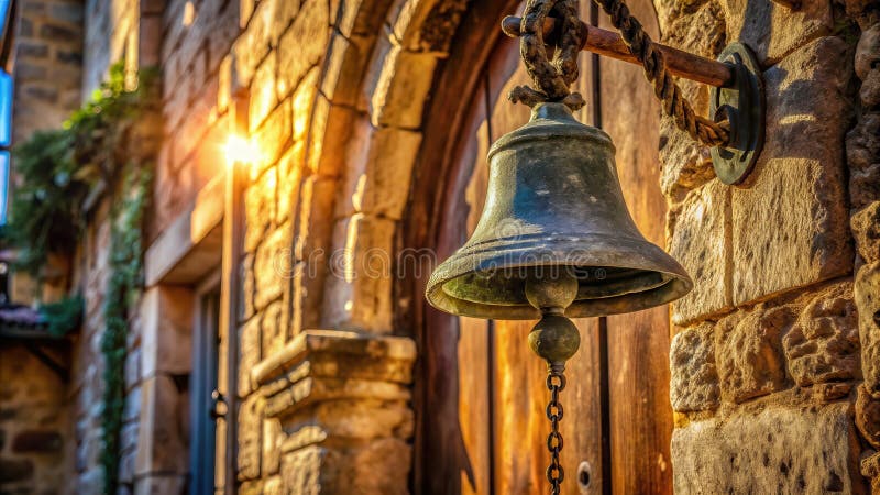 Rustic Bronze Bell Mounted on Aged Stone Wall at Sunset. Generative AI ...