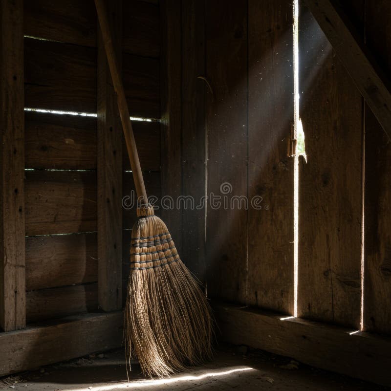 Rustic Broom in a Dark Wooden Barn with Light Beam Stock Illustration ...