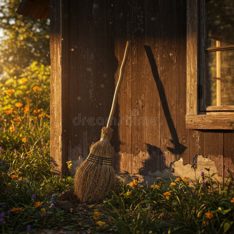 Rustic Broom Leaning Against Wooden Shed at Sunset Stock Illustration ...