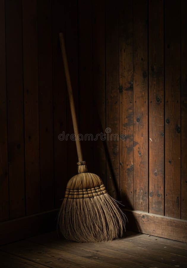 Rustic Broom Leaning in Dark Wooden Corner Stock Illustration ...