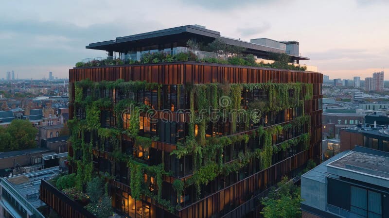 Rustic Brown Building with Lush Green Facade at Dusk Stock Illustration ...