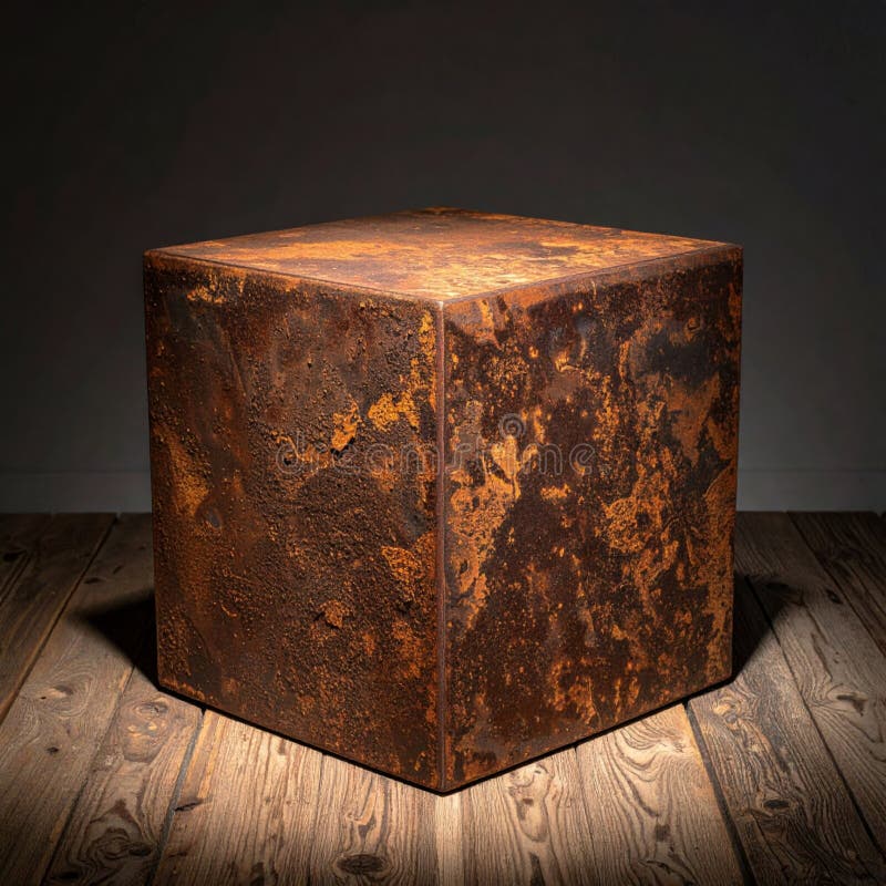 Rustic Brown Metal Cube on Wooden Floor Stock Illustration ...