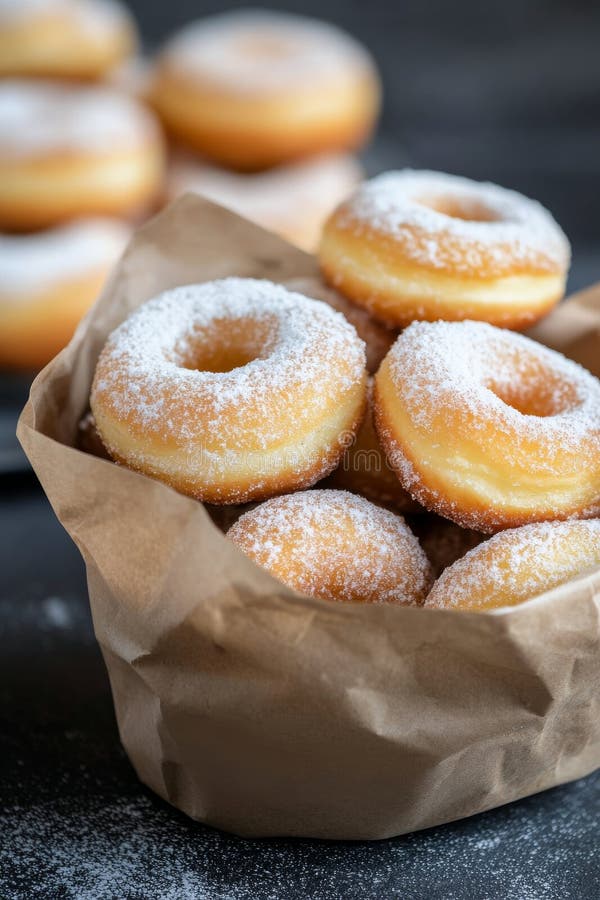 Freshly Baked Sugary Donuts in a Rustic Brown Bag on a Dark Surface ...
