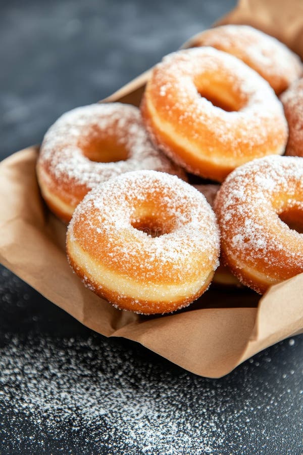 Freshly Baked Sugary Donuts in a Rustic Brown Bag on a Dark Surface ...
