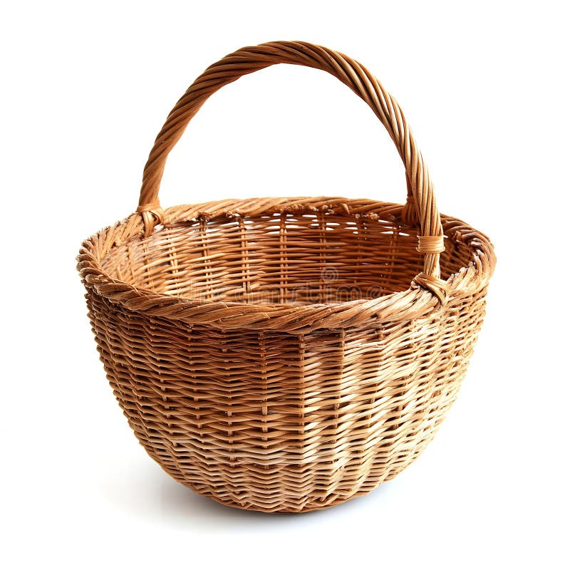 Rustic Brown Wicker Basket with Handle Empty Isolated on White ...