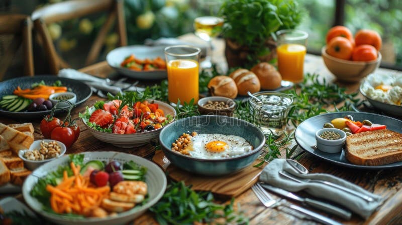 Rustic Brunch Set on Wooden Table - Overhead View with Copy Space for ...