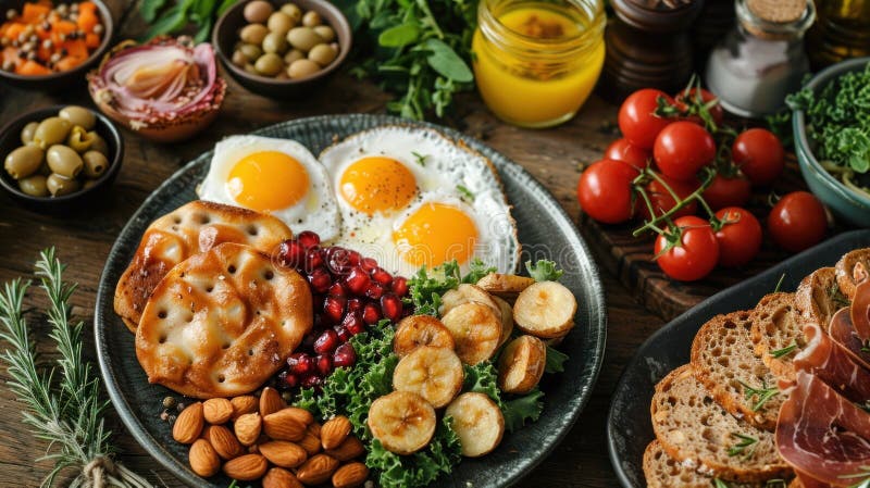 Rustic Brunch Set on Wooden Table - Overhead View with Copy Space for ...