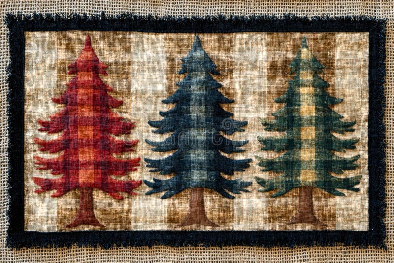 Rustic Buffalo Check Fabric Featuring Three Christmas Trees Stock ...