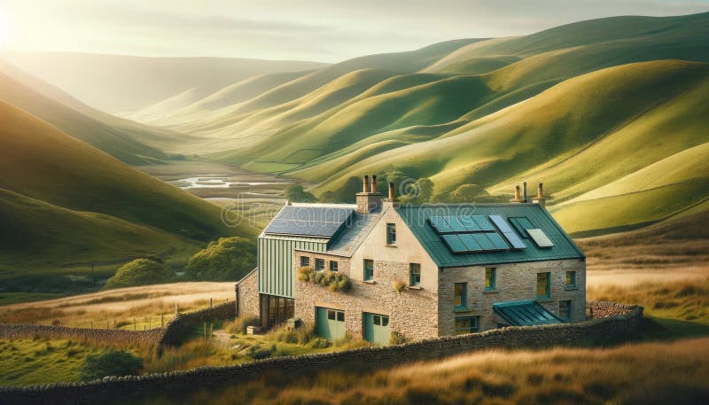 Countryside Rustic Stone Building with Solar Panels on the Roof ...