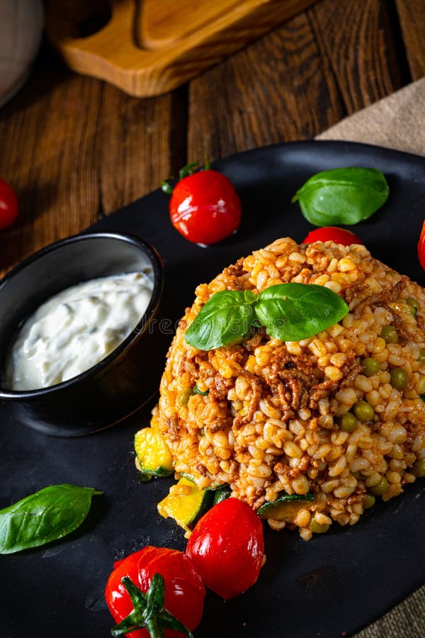 Rustic Bulgur Fried with Minced Meat and Vegetables Stock Image - Image ...