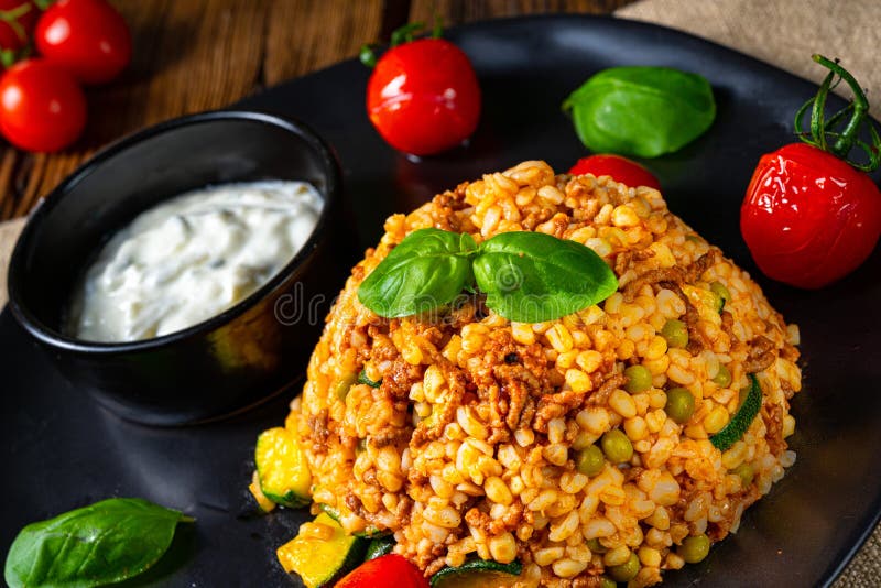 Rustic Bulgur Fried with Minced Meat and Vegetables Stock Photo - Image ...