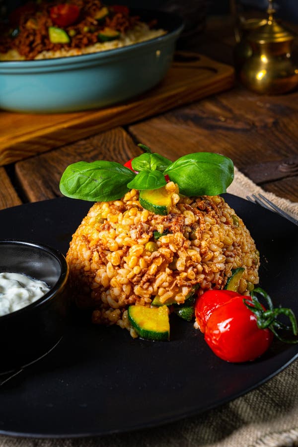 Rustic Bulgur Fried with Minced Meat and Vegetables Stock Image - Image ...
