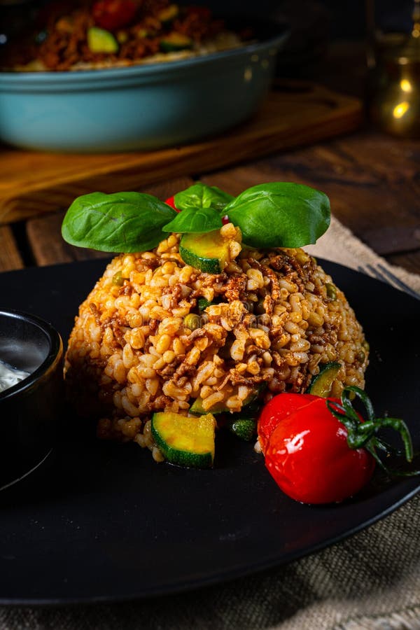 Rustic Bulgur Fried with Minced Meat and Vegetables Stock Photo - Image ...