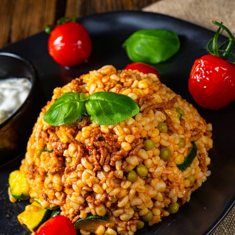 Rustic Bulgur Fried with Minced Meat and Vegetables Stock Photo - Image ...