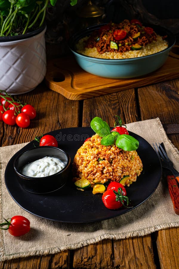 Rustic Bulgur Fried with Minced Meat and Vegetables Stock Photo - Image ...